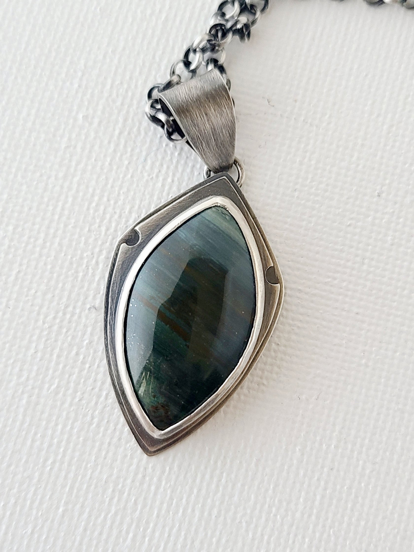 Wind and Water Navette Pendant-teal green Jasper – Flying Crow Metalworks