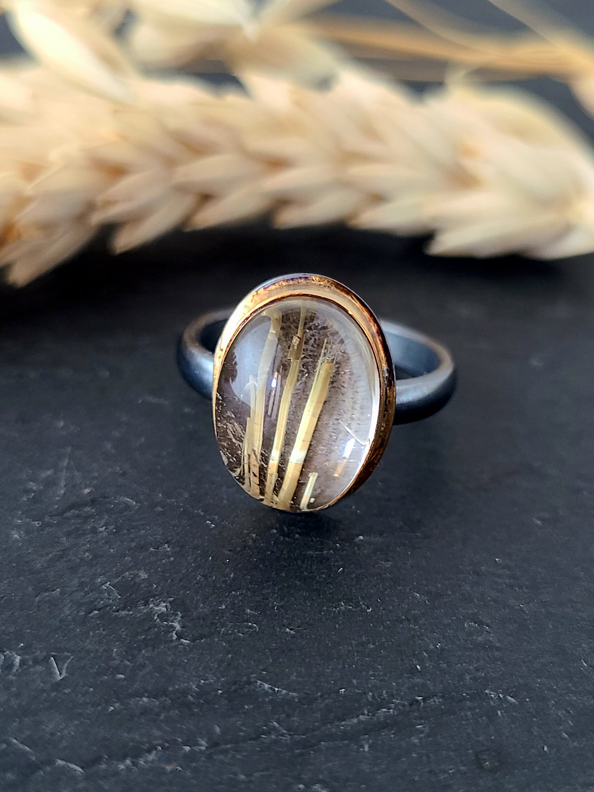 Rutilated Quartz Oval Ring-SS/14K Size 5.75 US – Flying Crow Metalworks