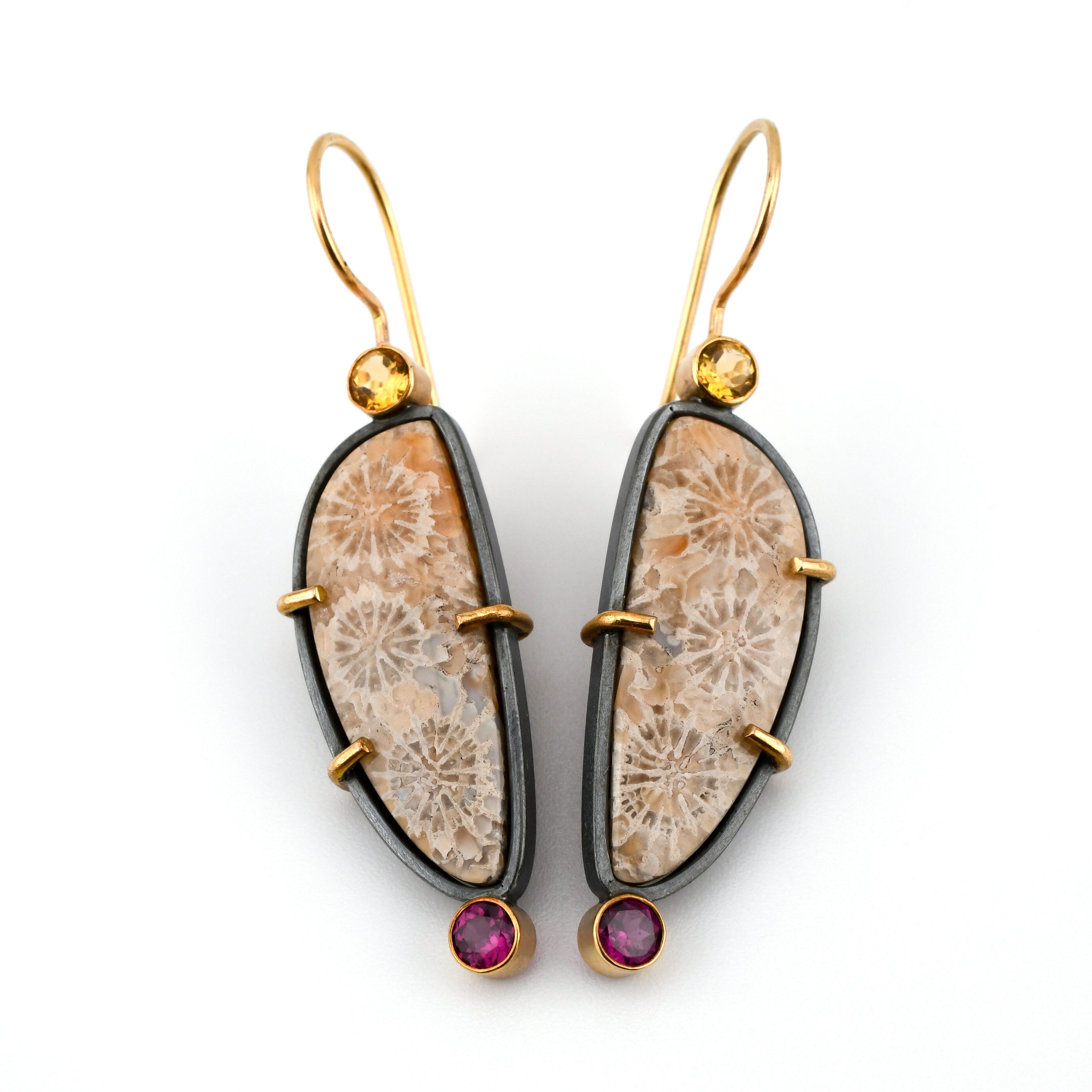 Flourish Earrings with Fossil Coral, Citrine & Rhodolite Garnet-SS/14k ...