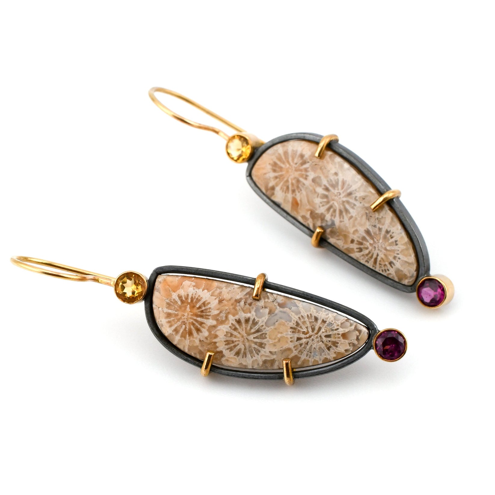 Flourish Earrings with Fossil Coral, Citrine & Rhodolite Garnet-SS/14k ...