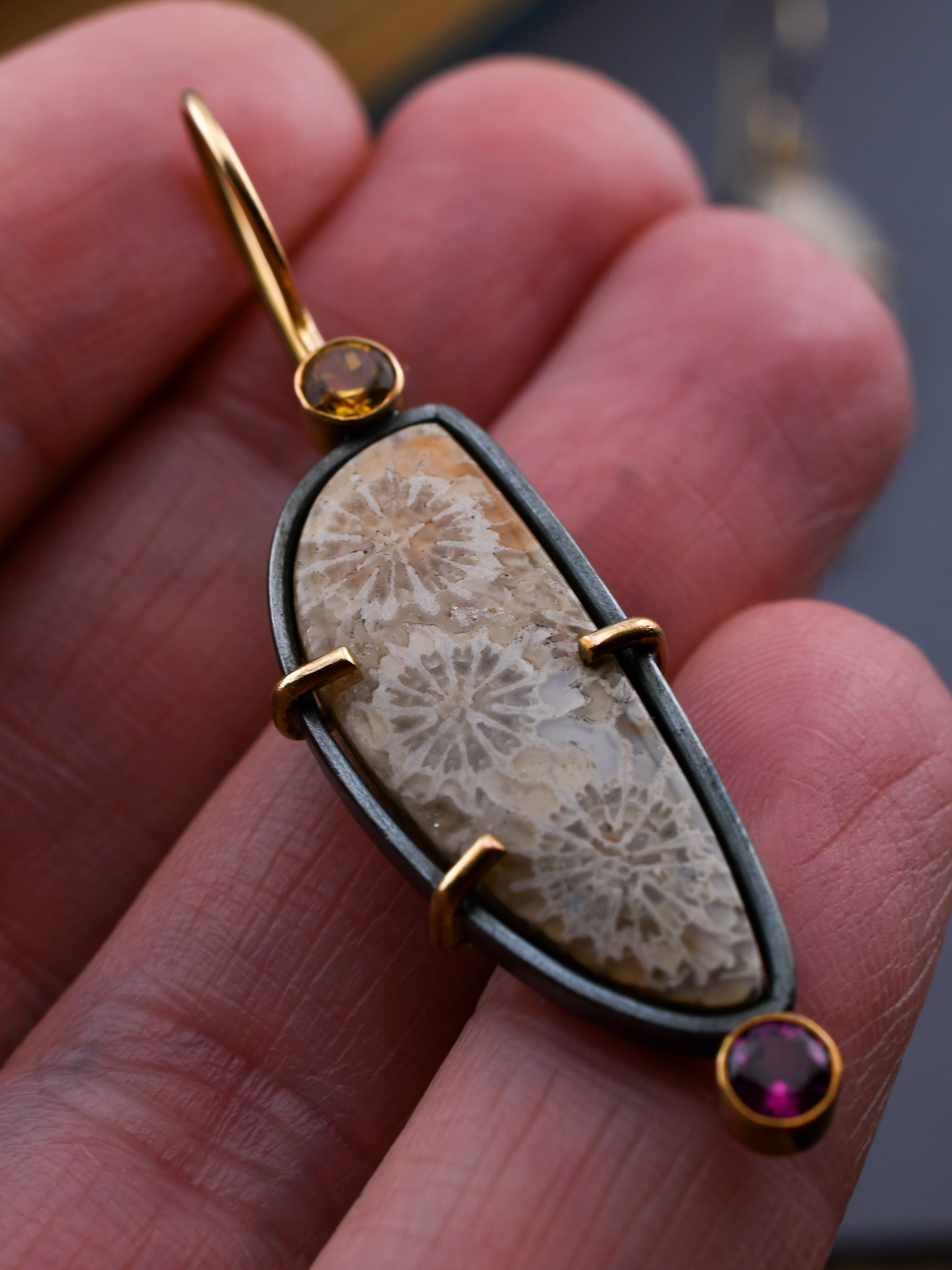 Flourish Earrings with Fossil Coral, Citrine & Rhodolite Garnet-SS/14k ...